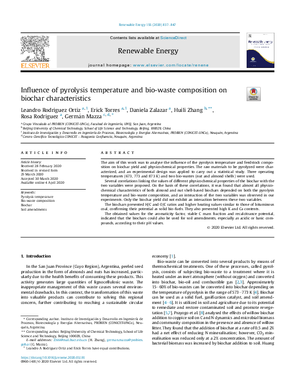(PDF) Influence of pyrolysis temperature and bio-waste composition on biochar characteristics
