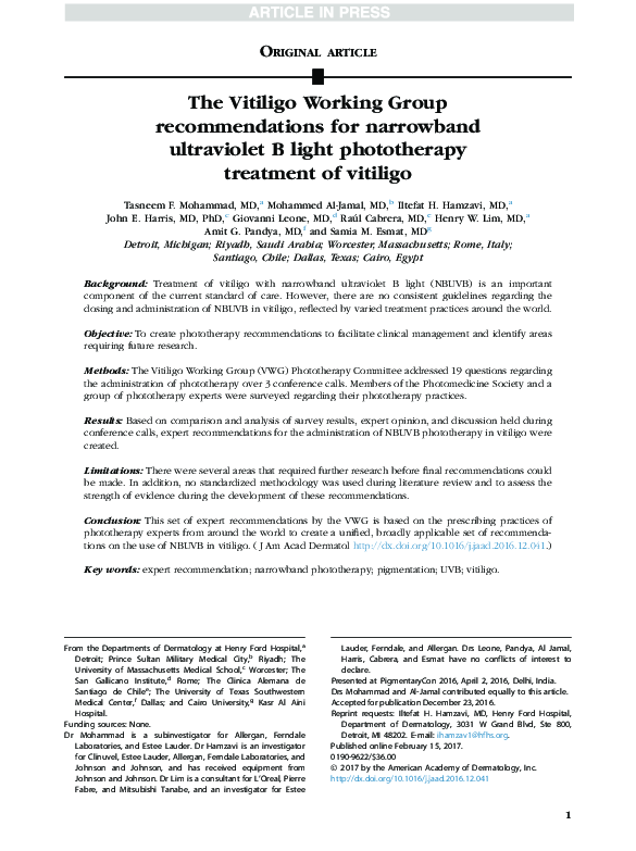 (PDF) The Vitiligo Working Group recommendations for narrowband ...