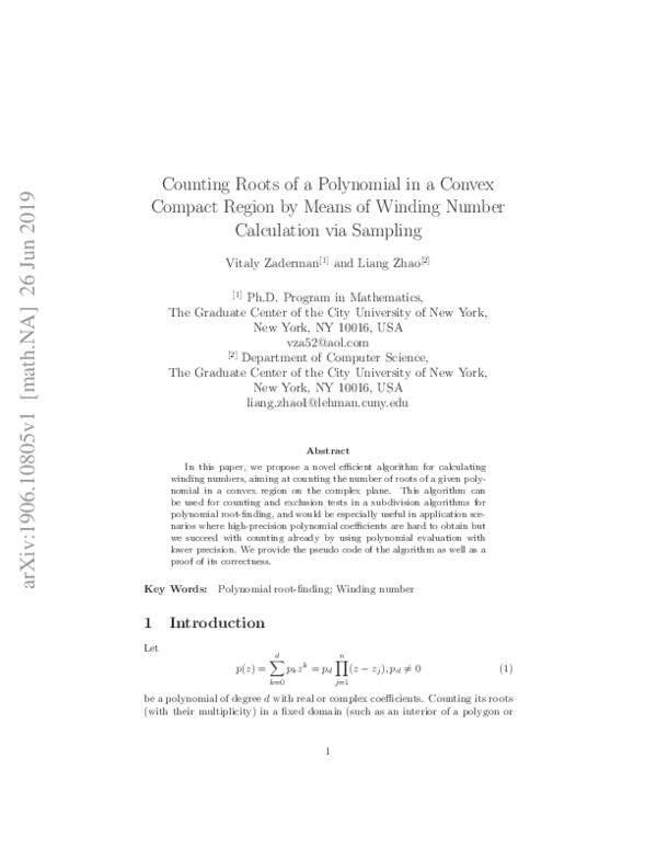 (PDF) Counting Roots of a Polynomial in a Convex Compact Region by Means of Winding Number ...