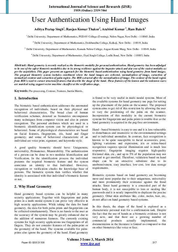 Pdf User Authentication Using Hand Images Arabind Kumar 