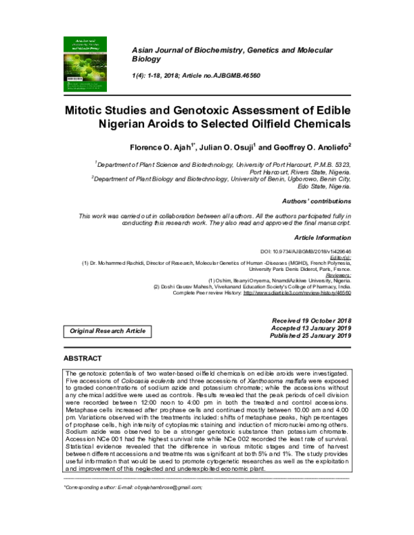 (PDF) Mitotic Studies and Genotoxic Assessment of Edible Nigerian Aroids to Selected Oilfield ...