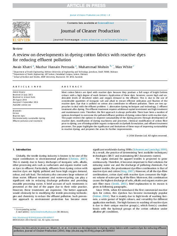 (PDF) A review on developments in dyeing cotton fabrics with reactive dyes for reducing effluent ...