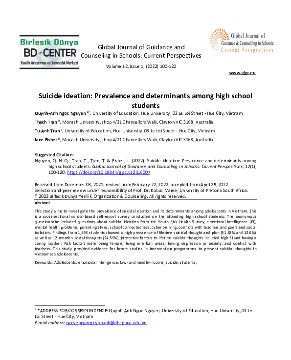 Pdf Suicide Ideation Prevalence And Determinants Among High School