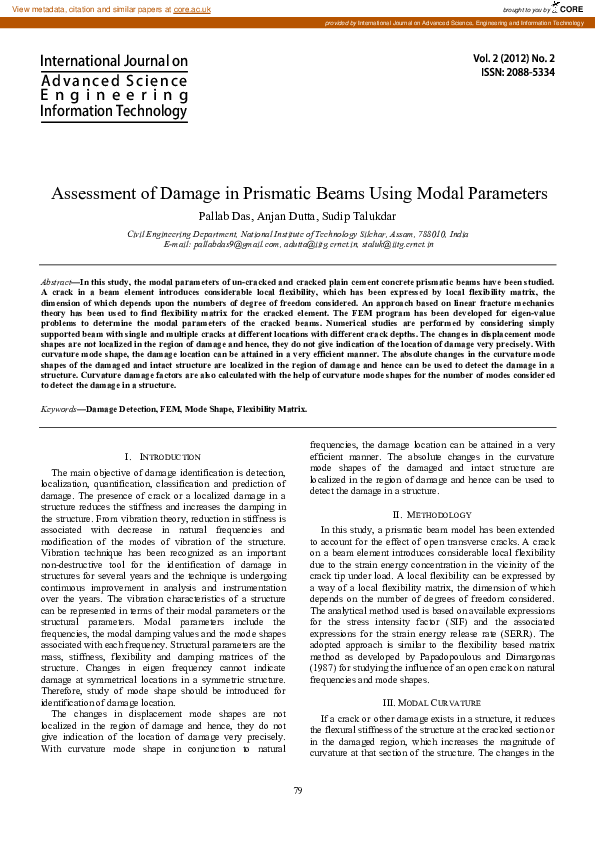 (PDF) Assessment of Damage in Prismatic Beams Using Modal Parameters