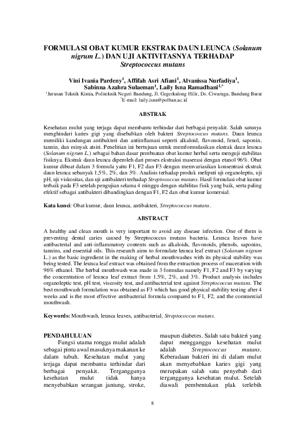 (PDF) Formulasi Obat Kumur Ekstrak Daun Leunca (Solanum nigrum L.) dan ...