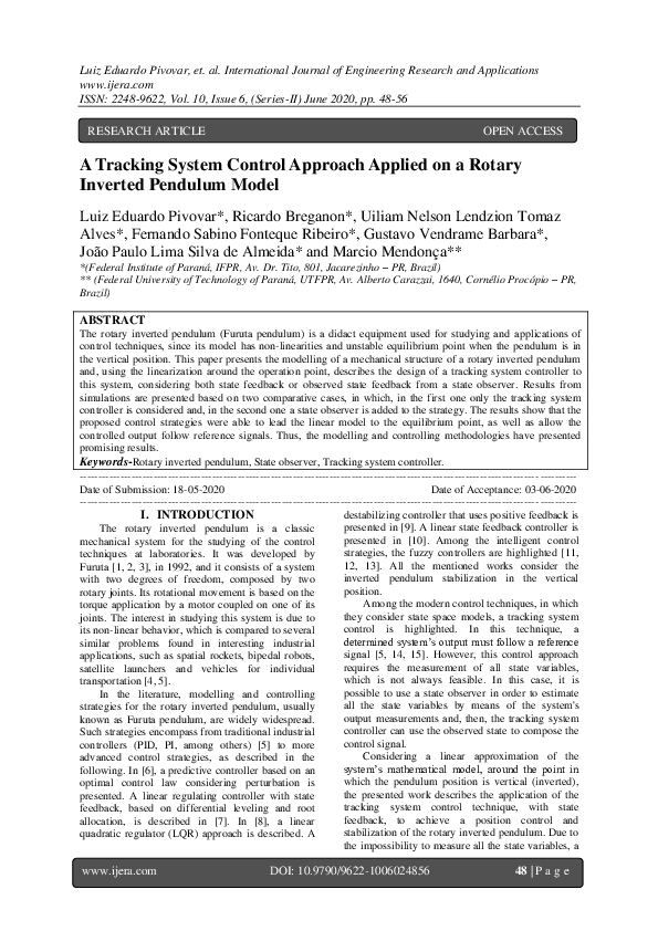 (PDF) A Tracking System Control Approach Applied on a Rotary Inverted Pendulum Model