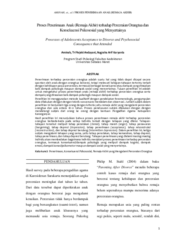 (PDF) Proses Penerimaan Anak (Remaja Akhir) terhadap Perceraian ...