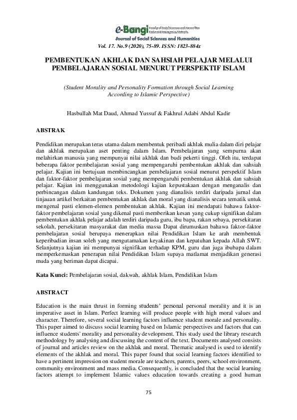 (PDF) Pembentukan Akhlak Dan Sahsiah Pelajar Melalui Pembelajaran Sosial Menurut Perspektif Islam