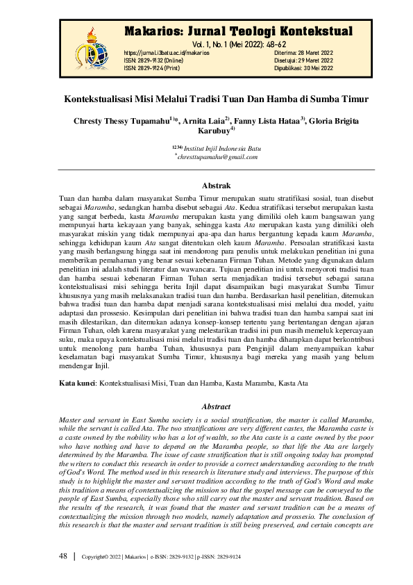 (PDF) Kontekstualisasi Misi Melalui Tradisi Tuan Dan Hamba di Sumba Timur