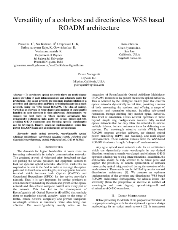 Pdf Versatility Of A Colorless And Directionless Wss Based Roadm Architecture Gowrishankar