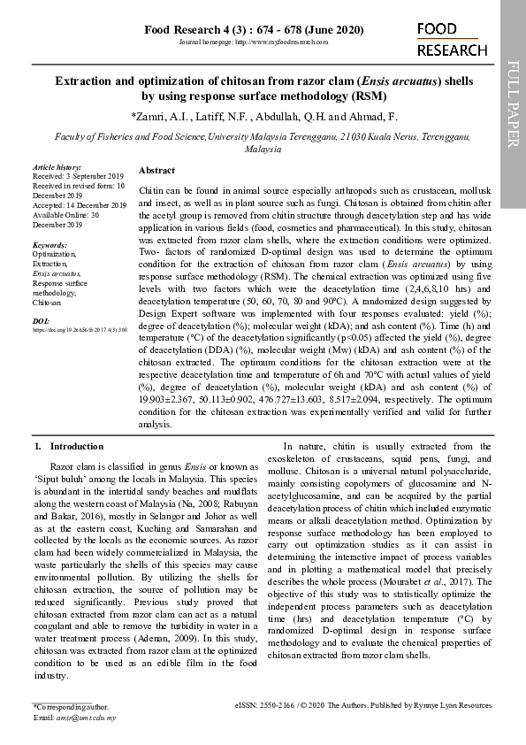 (PDF) Extraction and optimization of chitosan from razor clam (Ensis arcuatus) shells by using ...