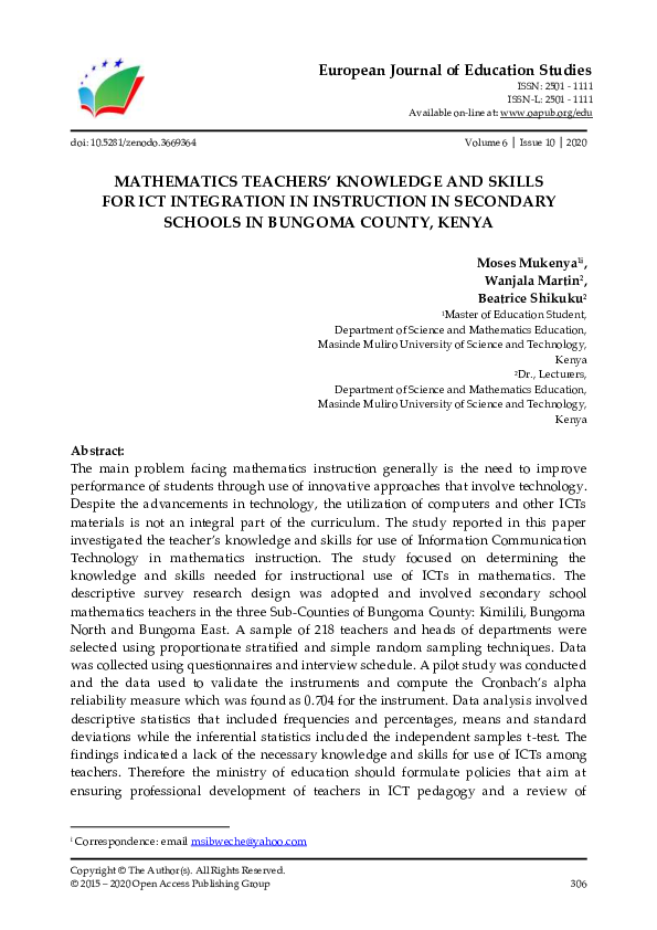 (PDF) Mathematics Teachers’ Knowledge and Skills for Ict Integration in Instruction in Secondary ...