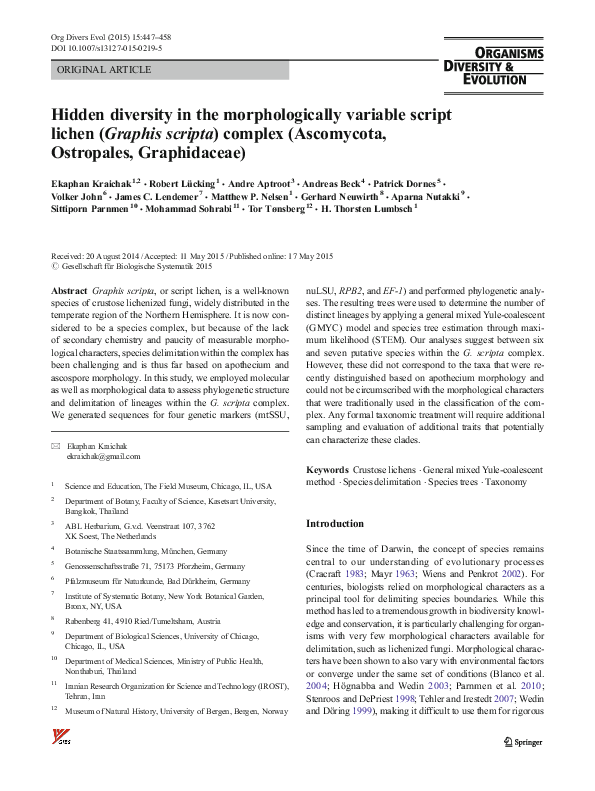 (PDF) Hidden diversity in the morphologically variable script lichen (Graphis scripta) complex ...