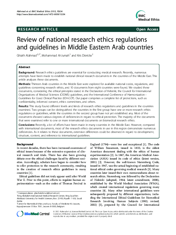 (PDF) Review of national research ethics regulations and guidelines in ...