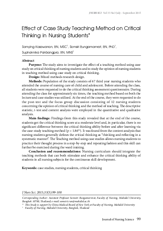 (PDF) Effect of Case Study Teaching Method on Critical Thinking in Nursing Students