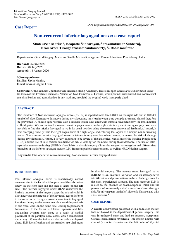 (PDF) Rare Case of Non-Recurrent Laryngeal Nerve