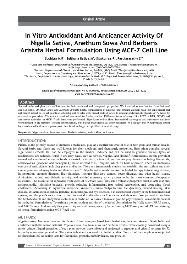 (PDF) In Vitro Antioxidant And Anticancer Activity Of Nigella Sativa, Anethum Sowa And Berberis ...