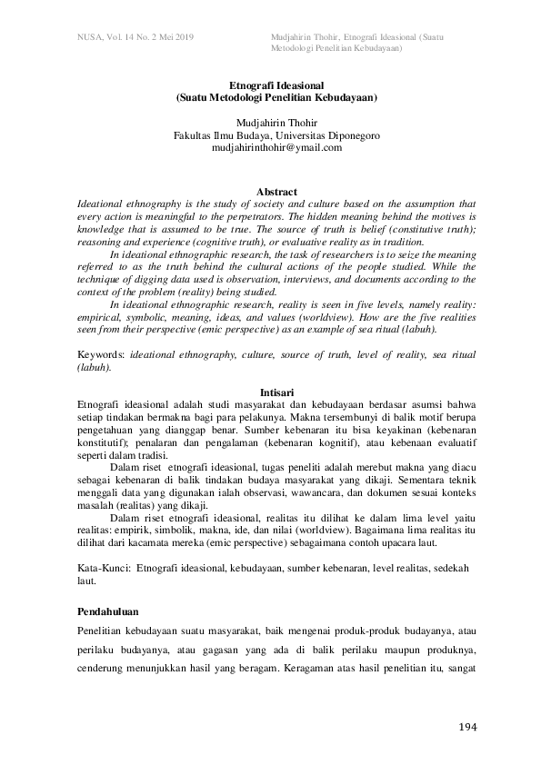 (PDF) Etnografi Ideasional (Suatu Metodologi Penelitian Kebudayaan)