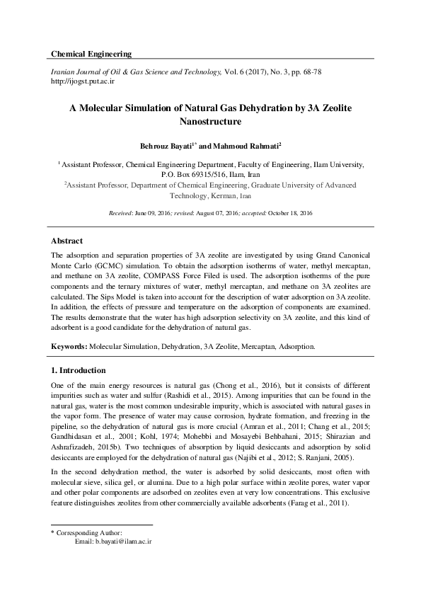 (PDF) A Molecular Simulation of Natural Gas Dehydration by 3A Zeolite ...