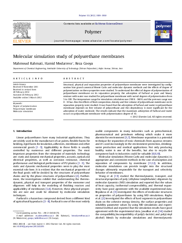 (PDF) Molecular simulation study of polyurethane membranes | Mahmoud ...
