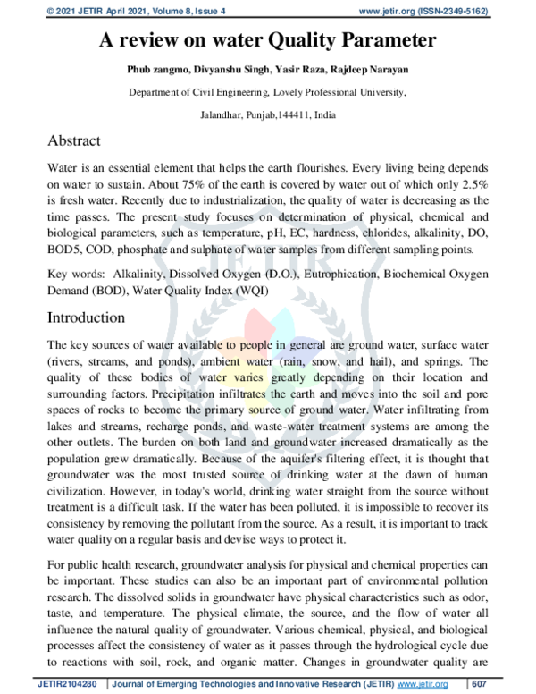 (PDF) A review on water Quality Parameter