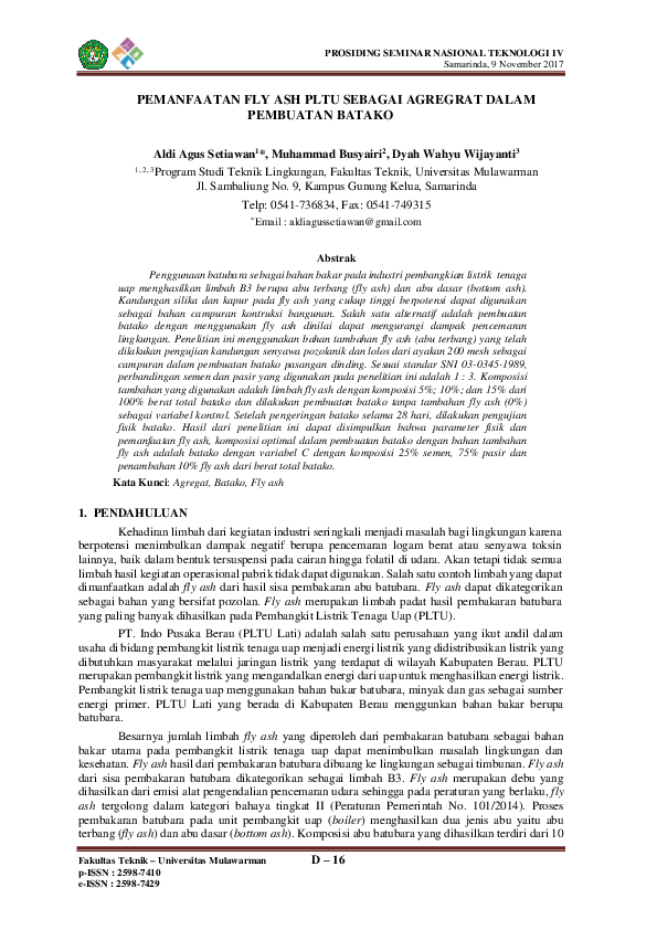 (PDF) Pemanfaatan Fly Ash Pltu Sebagai Agregrat Dalam Pembuatan Batako