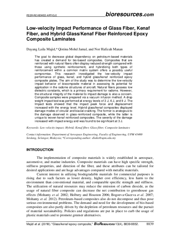 Pdf Low Velocity Impact Performance Of Glass Fiber Kenaf Fiber And Hybrid Glass Kenaf Fiber
