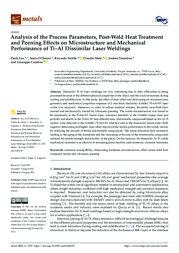 (PDF) Analysis of the Process Parameters, Post-Weld Heat Treatment and Peening Effects on ...