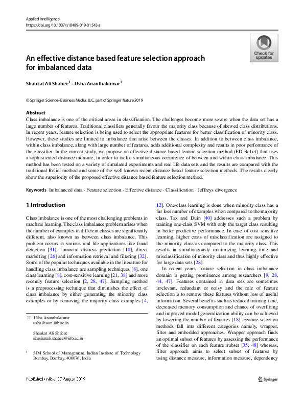 (PDF) An effective distance based feature selection approach for imbalanced data