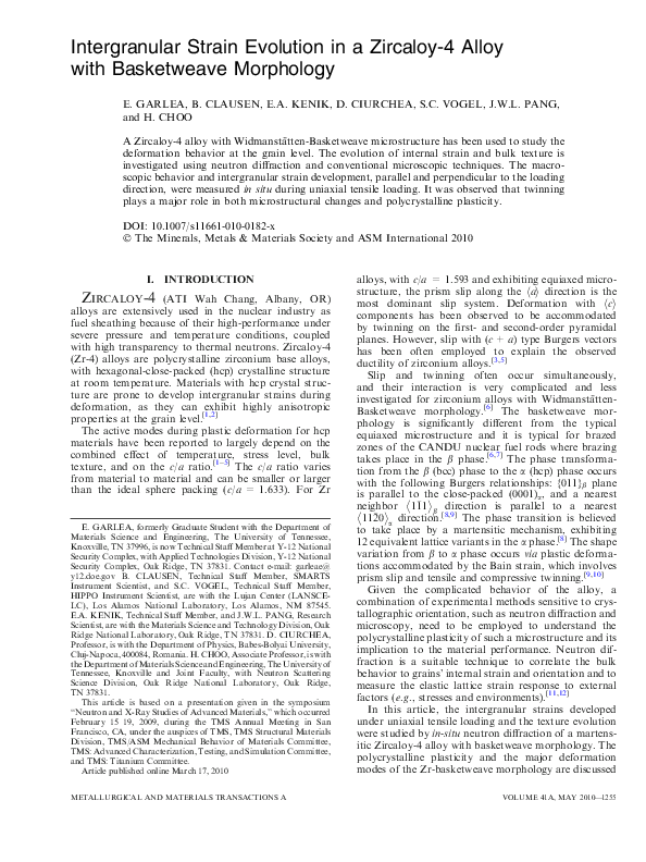 (PDF) Intergranular Strain Evolution in a Zircaloy-4 Alloy with ...