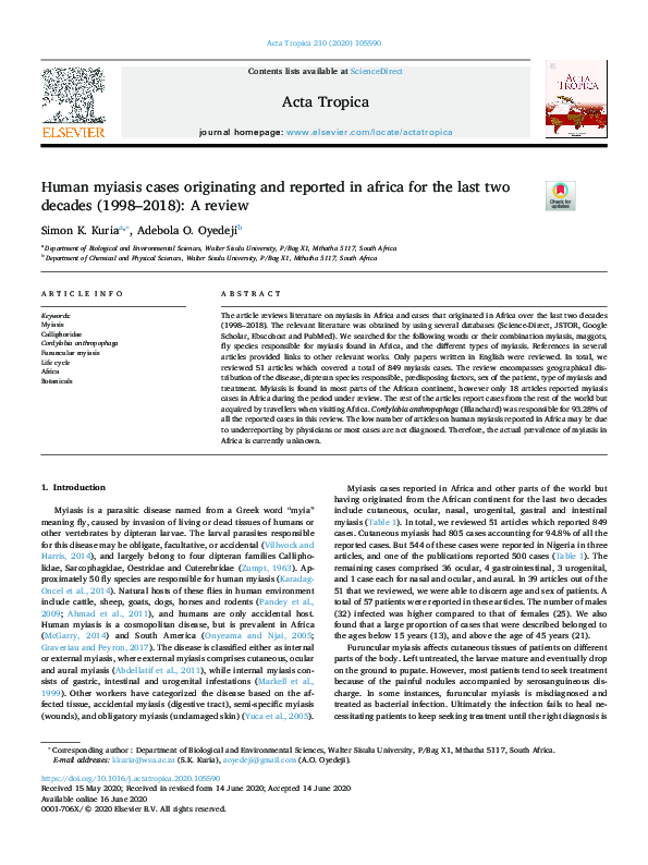 (PDF) Human myiasis cases originating and reported in africa for the ...