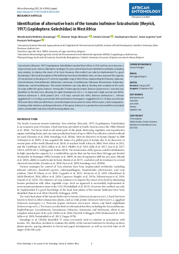 (PDF) Identification of alternative hosts of the tomato leafminer Tuta absoluta (Meyrick, 1917 ...