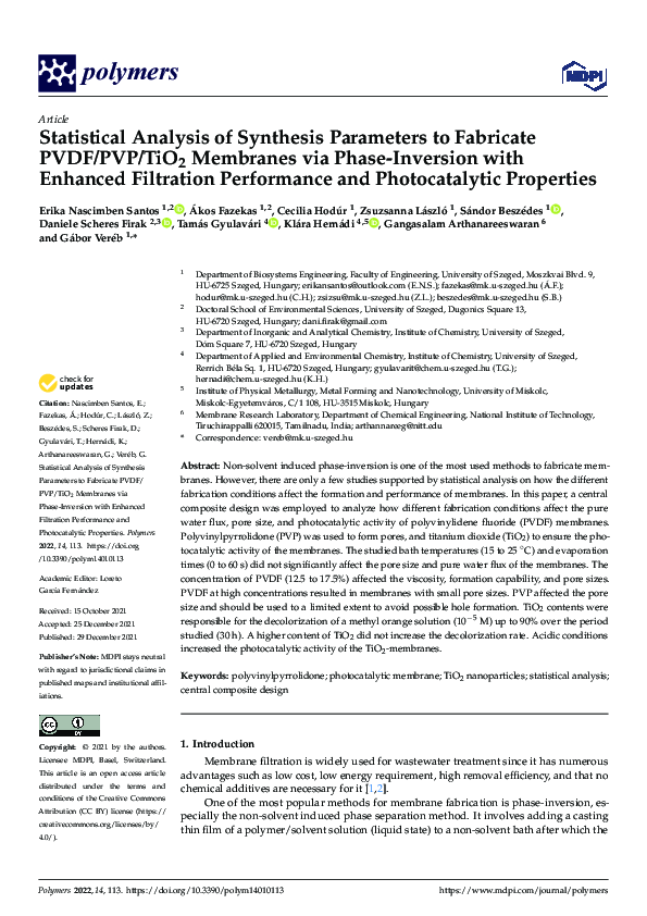(PDF) Statistical Analysis of Synthesis Parameters to Fabricate PVDF/PVP/TiO2 Membranes via ...