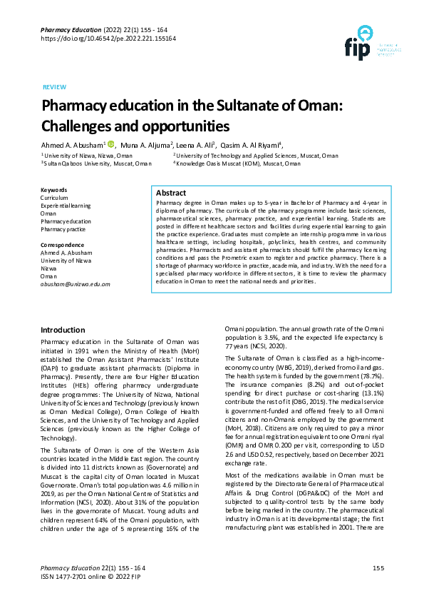 (PDF) Pharmacy education in the Sultanate of Oman: Challenges and ...