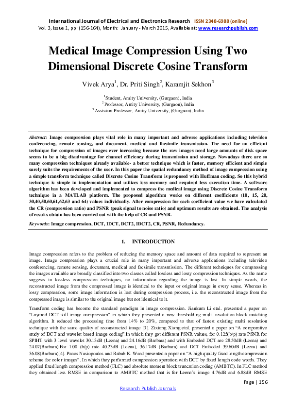 Pdf Medical Image Compression Using Two Dimensional Discrete Cosine Transform Vivek Arya