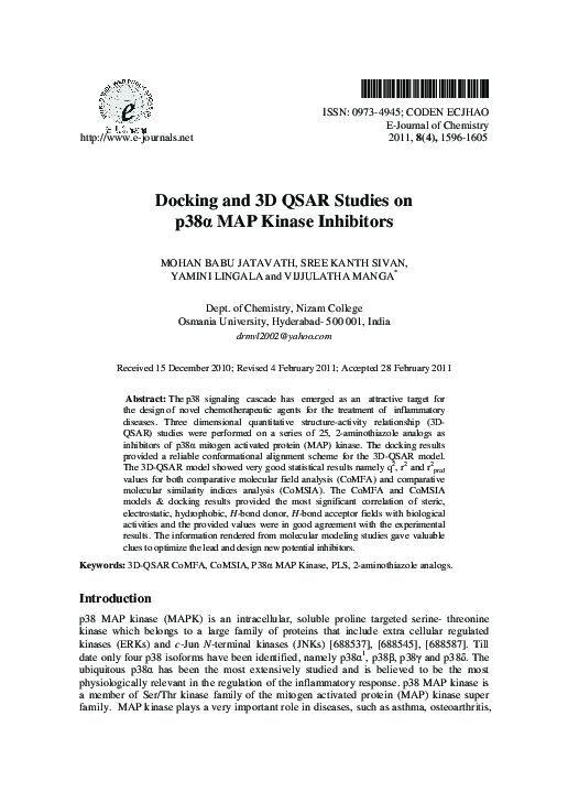 (PDF) Docking and 3D QSAR Studies on p38α MAP Kinase Inhibitors