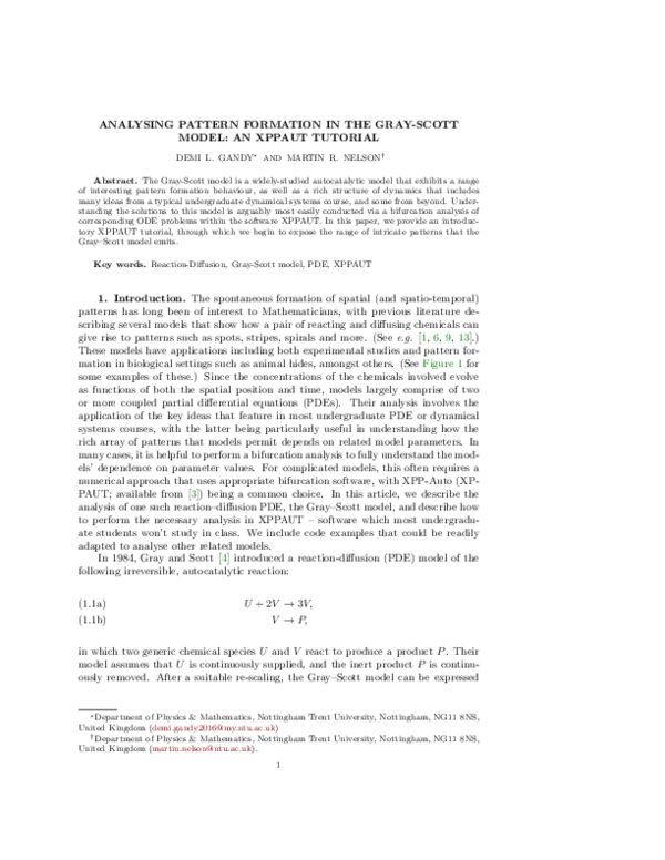 (PDF) Analyzing Pattern Formation in the Gray--Scott Model: An XPPAUT ...