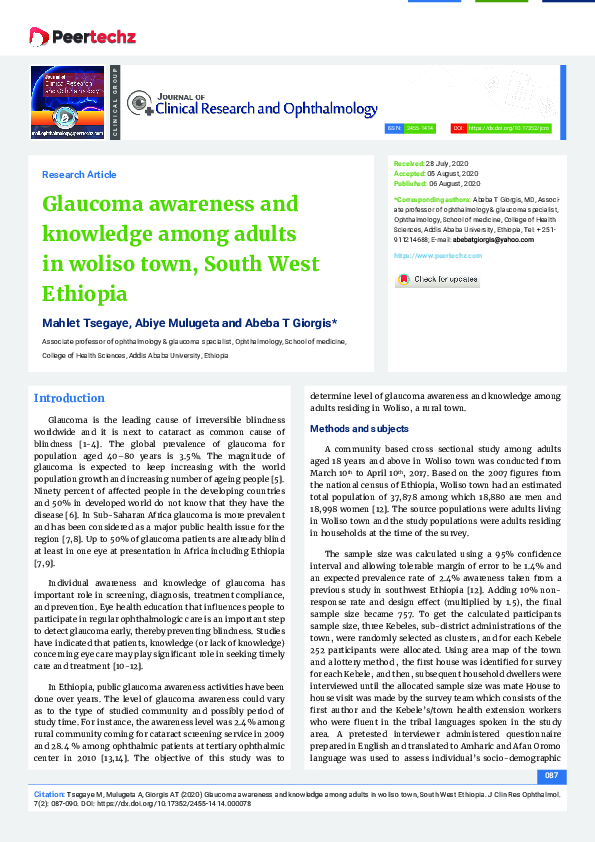 (PDF) Glaucoma awareness and knowledge among adults in woliso town ...