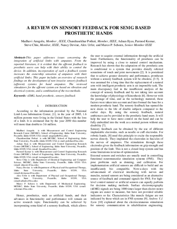 (PDF) A Review on Sensory Feedback For sEMG Based Prosthetic Hands