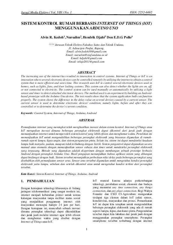 Pdf Sistem Kontrol Rumah Berbasis Internet Of Things Iot Menggunakan Arduino Uno