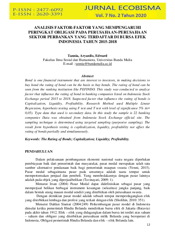 (PDF) Analisis Faktor-Faktor Yang Mempengaruhi Peringkat Obligasi Pada Perusahaan-Perusahaan ...