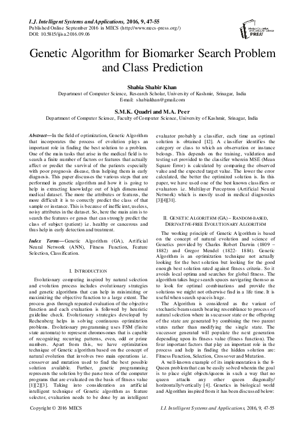 (PDF) Genetic Algorithm for Biomarker Search Problem and Class Prediction