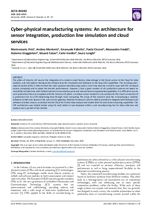 (PDF) Cyber-physical manufacturing systems: An architecture for sensor integration, production ...