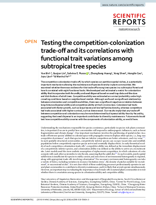 (PDF) Testing the competition-colonization trade-off and its ...
