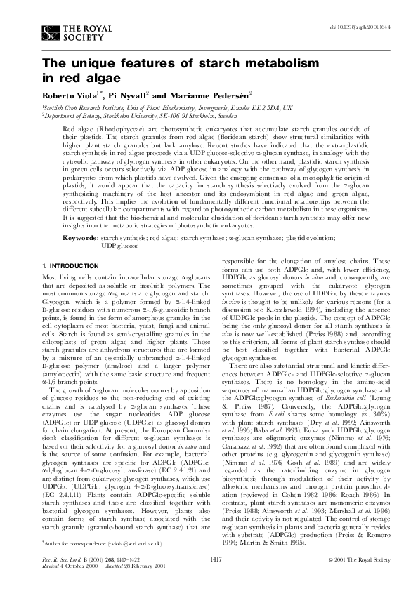 (PDF) The unique features of starch metabolism in red algae