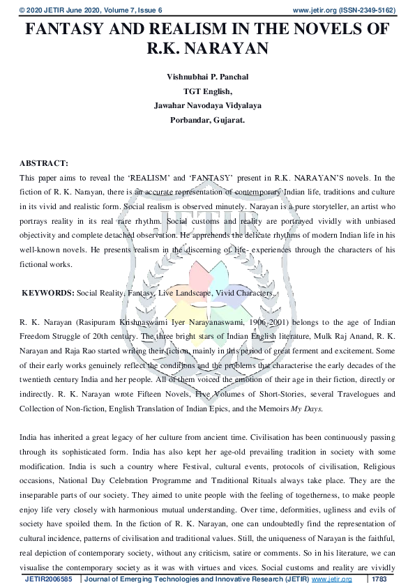 (PDF) Fantasy and Realism in the Novels of R.K. Narayan