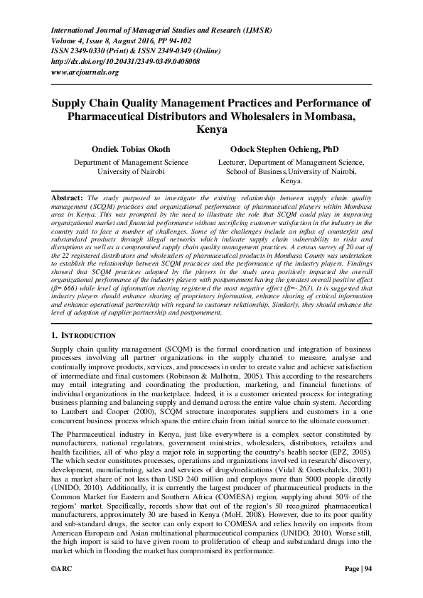 (PDF) Supply Chain Quality Management Practices and Performance of Pharmaceutical Distributors ...