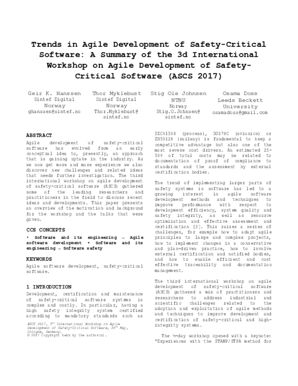 (PDF) Agile Development Trends in Safety-Critical Software (PDF) Agile Development Trends in Safety-Critical Software