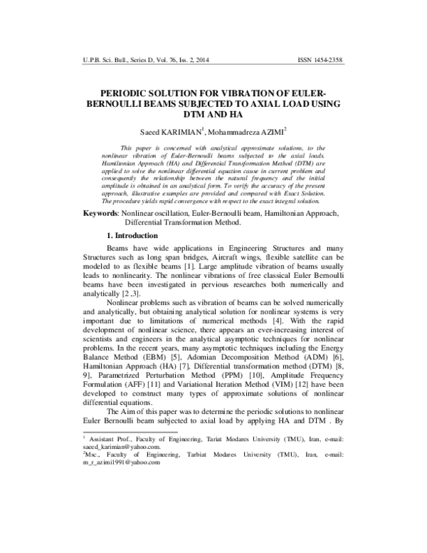 Pdf Periodic Solution For Vibration Of Euler Bernoulli Beams Subjected Toaxial Load Using Dtm