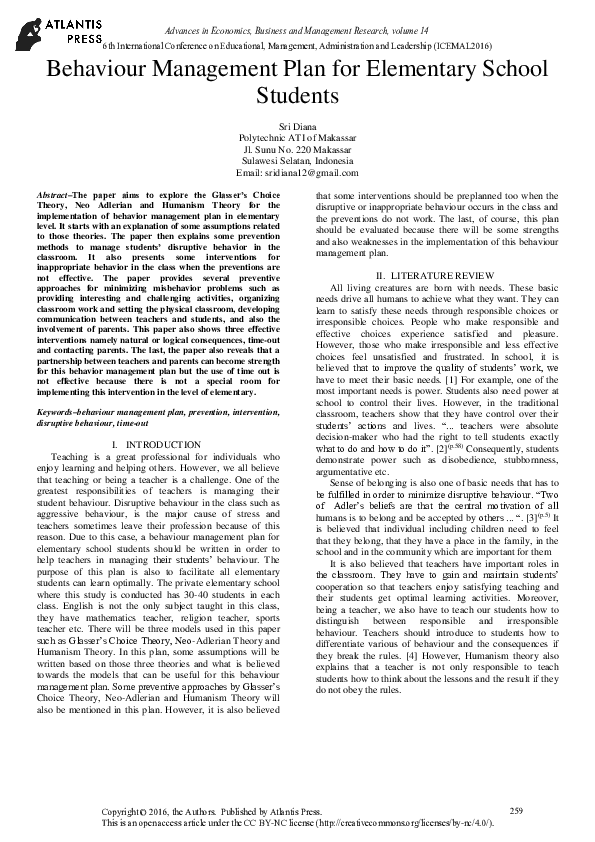 (PDF) Behaviour Management Plan for Elementary School Students